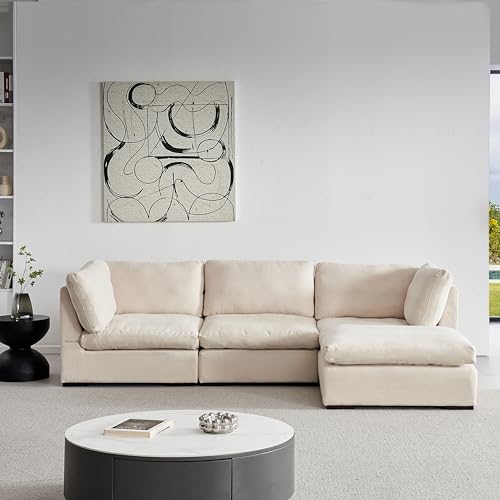 L-Shaped Convertible Deep Seats Down Filled Modular Sectional Sofa with Reversible Chaise/Movable Ottoman,Comfy Upholstered Corner Couch,Free Combination 4-Seat Leisure Sofá for Living Room