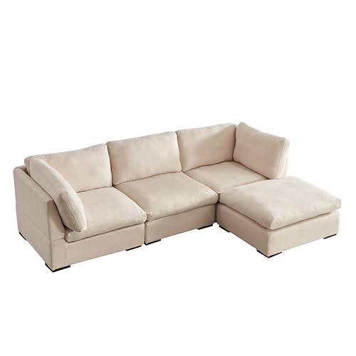 L-Shaped Convertible Deep Seats Down Filled Modular Sectional Sofa with Reversible Chaise/Movable Ottoman,Comfy Upholstered Corner Couch,Free Combination 4-Seat Leisure Sofá for Living Room