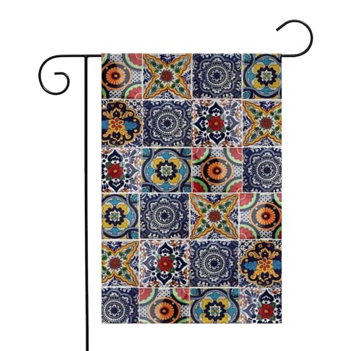 Double-sided garden flag Mexican Talavera Ceramic Tile Pattern Ethnic Folk Outdoor Flag Garden Flag Yard Outdoor Decoration (12×18in).