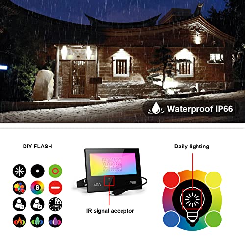 LED Flood Light RGBW Color Changing Lights Cool White Outdoor Smart Floodlights 40W, Dimmable by Remote Control, IP66 Waterproof Landscape Lighting Garden LED Wall Wash Lights 2 Pack