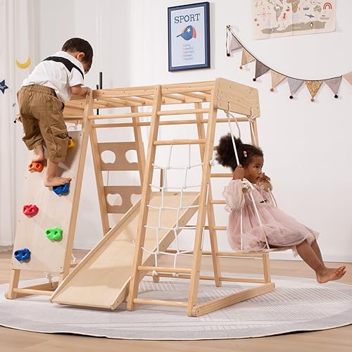 Giant bean Medium Size Indoor Playground Jungle Gym for 2-5yrs Kids, Toddlers Climber Toys 8-in-1 with Slide, Rock Climb Wall, Monkey Bars, Wood & Rope Ladder, Climbing Rope & Wall and Swing