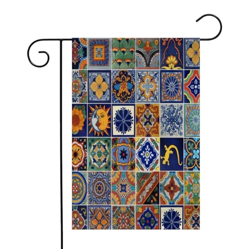 Double-sided garden flag Mexican Talavera Ceramic Tile Pattern Ethnic Folk Outdoor Flag Garden Flag Yard Outdoor Decoration (12×18in).