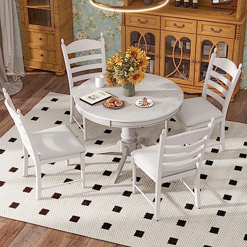 WOZNLA 5-Piece Vintage Round Wood Extendable Dining Table Set with Four Cushioned Chairs - Charming Antique White Dining Ensemble for 4