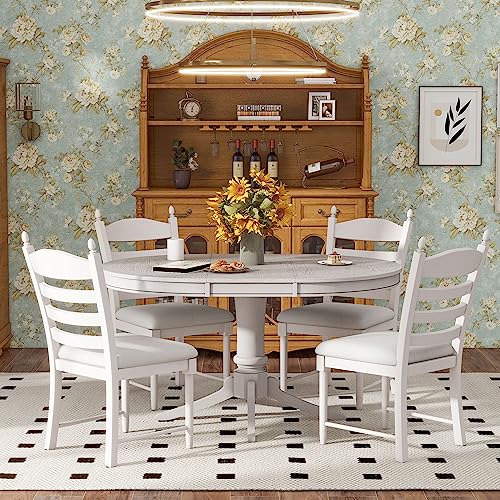 WOZNLA 5-Piece Vintage Round Wood Extendable Dining Table Set with Four Cushioned Chairs - Charming Antique White Dining Ensemble for 4