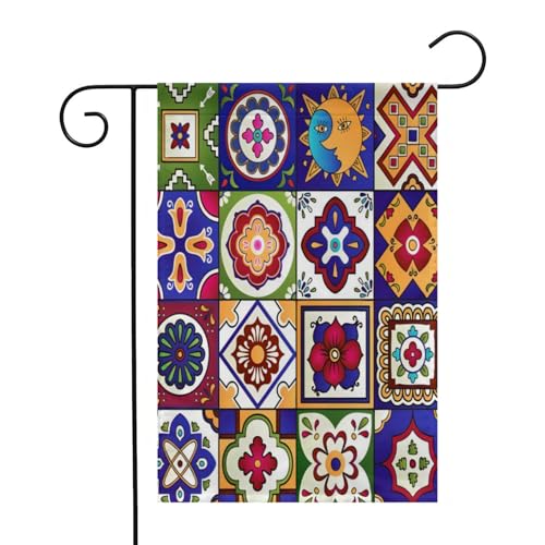 Double-sided garden flag Mexican Talavera Ceramic Tile Pattern Ethnic Folk Outdoor Flag Garden Flag Yard Outdoor Decoration (12×18in).