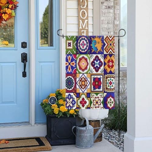 Double-sided garden flag Mexican Talavera Ceramic Tile Pattern Ethnic Folk Outdoor Flag Garden Flag Yard Outdoor Decoration (12×18in).