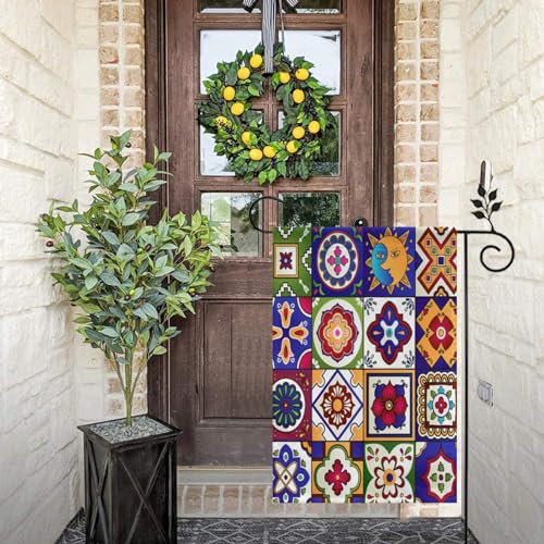 Double-sided garden flag Mexican Talavera Ceramic Tile Pattern Ethnic Folk Outdoor Flag Garden Flag Yard Outdoor Decoration (12×18in).