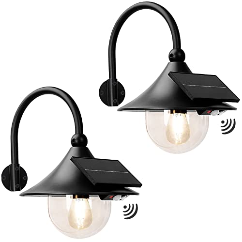 2 Pack Solar Barn Lights Outdoor with 3 Lighting Modes, Moodyfei Motion Sensor Solar Wall Lanterns Wall Mount, Dusk to Dawn Waterproof Rustic Vintage Solar Sconce for Porch, Shed, Patio, Garden, Yard
