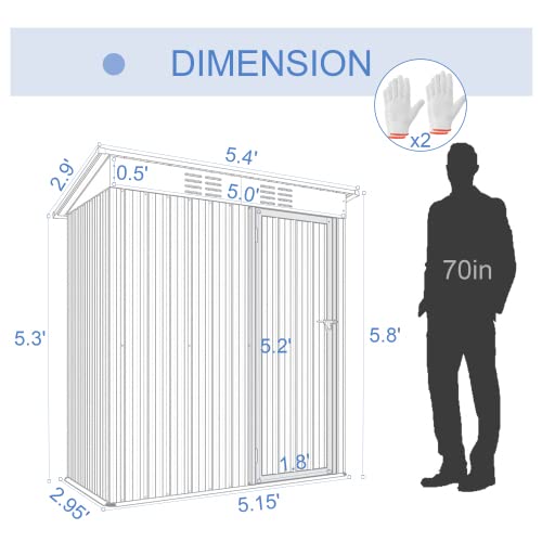 Outdoor Storage Shed 5 X 3 Ft, Galvanized Metal Garden Shed with Lockable Doors, Tool Storage Shed for Patio Lawn Backyard Trash Cans