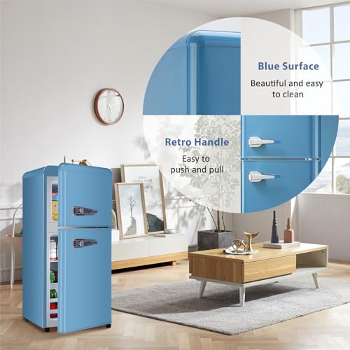 AXUTL Retro Mini Fridge Refrigerator with Freezer Bedroom Dorm Blue 3.5 Cu.ft Compact Small for RV Apartment 2-Door Design