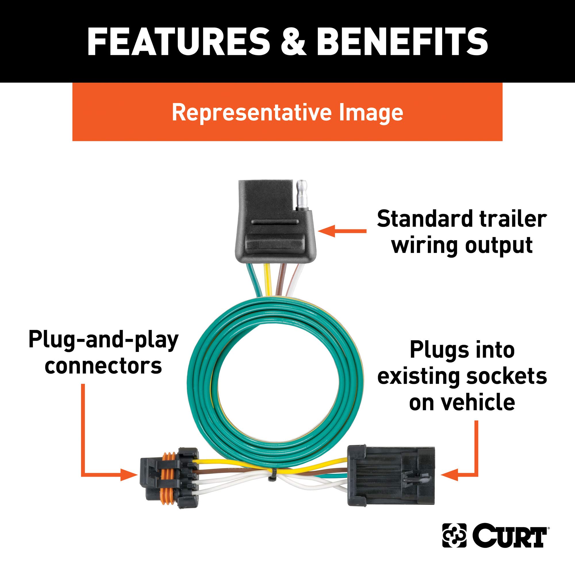 CURT 55381 Vehicle-Side Custom 4-Pin Trailer Wiring Harness, Fits Select Chrysler, Dodge, Jeep, Mitsubishi Vehicles with OEM Tow Package