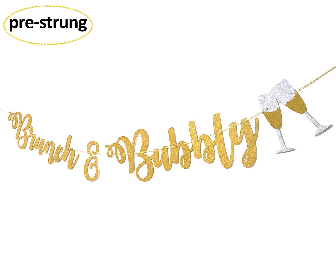 Finseng Brunch & Bubbly Gold Glitter Banner Sign Garland Pre-Strung for Bridal Brunch Shower Bachelorette Party Champagne Bubbly Bar