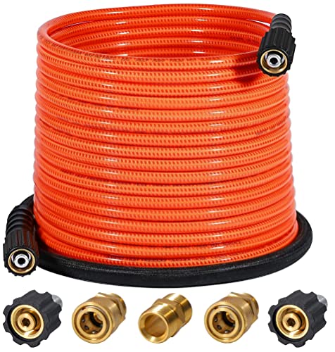 YAMATIC Pressure Washer Hose 50 ft Anti-Kink Flexible, Extension Power Washer Hose 3200 PSI X 1/4", M22 to 3/8" Quick Connect Couplers for Replacement (PU Wear-Resistant Jacket)