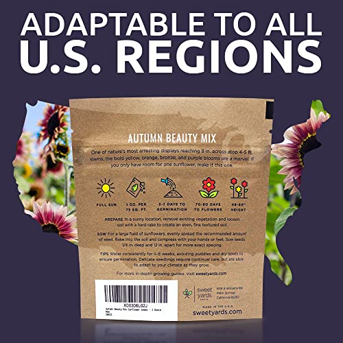 Sweet Yards Seed Co. Autumn Beauty Sunflower Seeds β Extra Large Packet β Over 1,400 Open Pollinated Non-GMO Wildflower Seeds β Helianthus annus β Beautiful Shades of Gold, Bronze, Yellow, and Purple