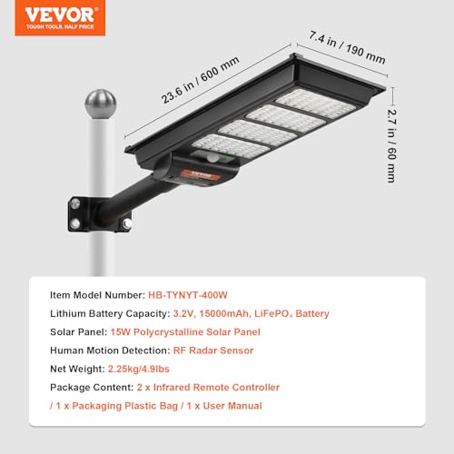 VEVOR 400W Solar Street Light, LED Solar Flood Lights Outdoor 40000lm with Infrared Remote Control, IP66 Waterproof Security Solar Motion Sensor Lamp for Garden Yard Home Path Garage Parking Lot