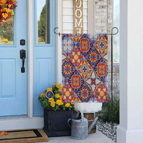 Double-sided garden flag Mexican Talavera Ceramic Tile Pattern Ethnic Folk Outdoor Flag Garden Flag Yard Outdoor Decoration （12×18in）.