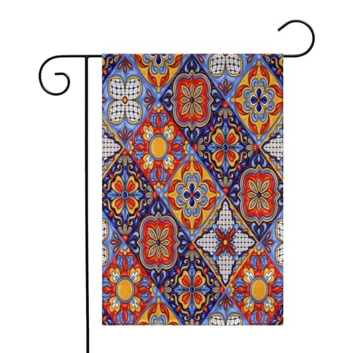 Double-sided garden flag Mexican Talavera Ceramic Tile Pattern Ethnic Folk Outdoor Flag Garden Flag Yard Outdoor Decoration (12×18in).