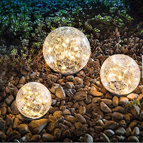 Garden Solar Lights, Cracked Glass Ball Waterproof Warm White LED for Outdoor Decor Decorations Pathway Patio Yard Lawn, 3 Globe (3.9", 4.7", 5.9")