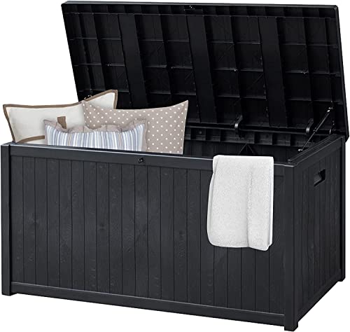 SUNVIVI OUTDOOR 120 Gallon Deck Storage Box with Hydraulic Hinge, Resin Patio Storage Bin with Lockable Lid, Waterproof Outside Storage Container for Cushions, Pool Supplies, Garden Tools, Black