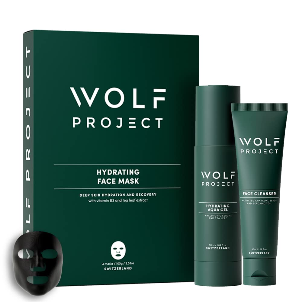 Wolf Project Men Skin Care Kit - Advanced Skin Care Set - Anti-Aging Face Moisturizer Gel Cream, Hydrating Charcoal Face Sheet Mask, Charcoal Face Cleanser - 3-Pack Mens Facial Care Kit