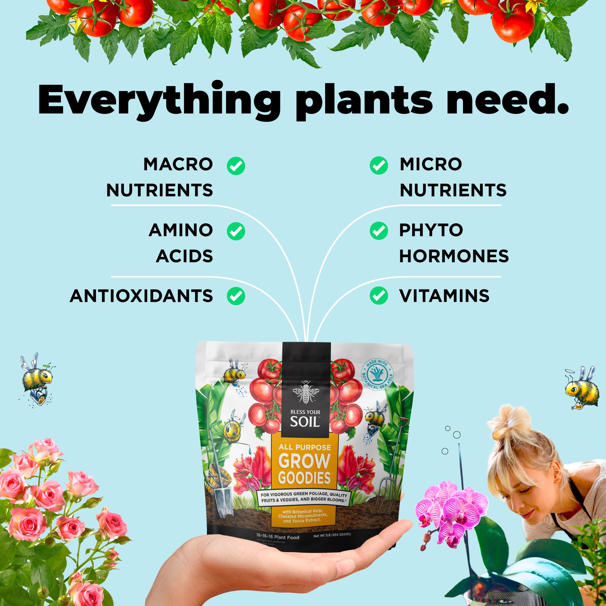 Grow Goodies All Purpose Plant Superfood : Lawn & Garden : Complete Minerals + Kelp + Yucca : 1LB : Bless Your Soil