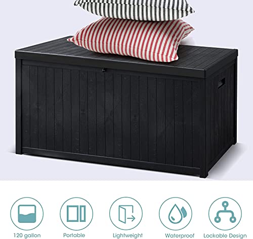 SUNVIVI OUTDOOR 120 Gallon Deck Storage Box with Hydraulic Hinge, Resin Patio Storage Bin with Lockable Lid, Waterproof Outside Storage Container for Cushions, Pool Supplies, Garden Tools, Black
