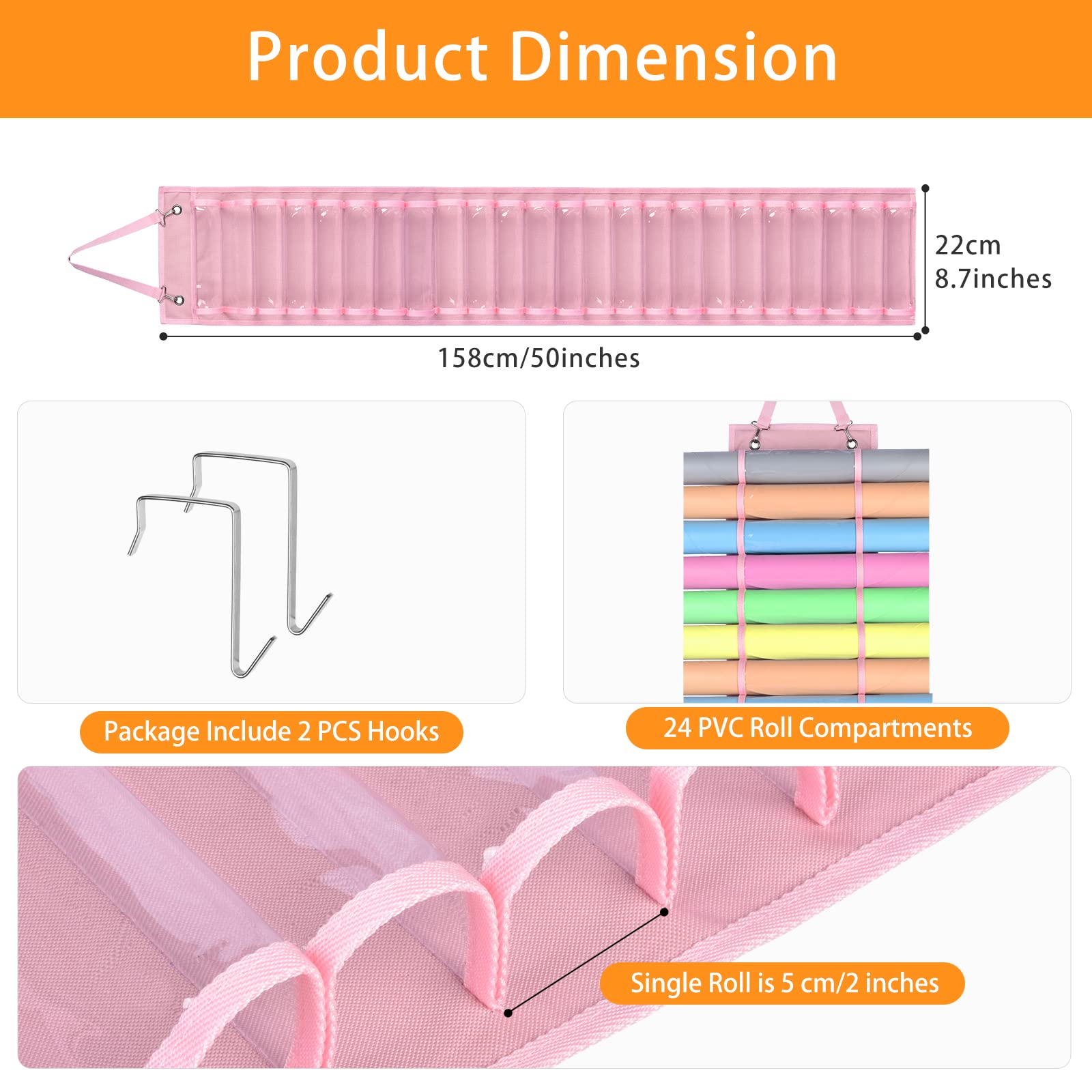 Mightree Vinyl Roll Holder, Wall Mount Vinyl Roll Organizer, Foldable Vinyl Holder Bag for Craft Collecting Vinyl Paper, Wrapping Paper, Hanging Door Vinyl Bag with 24 Compartments, Pink