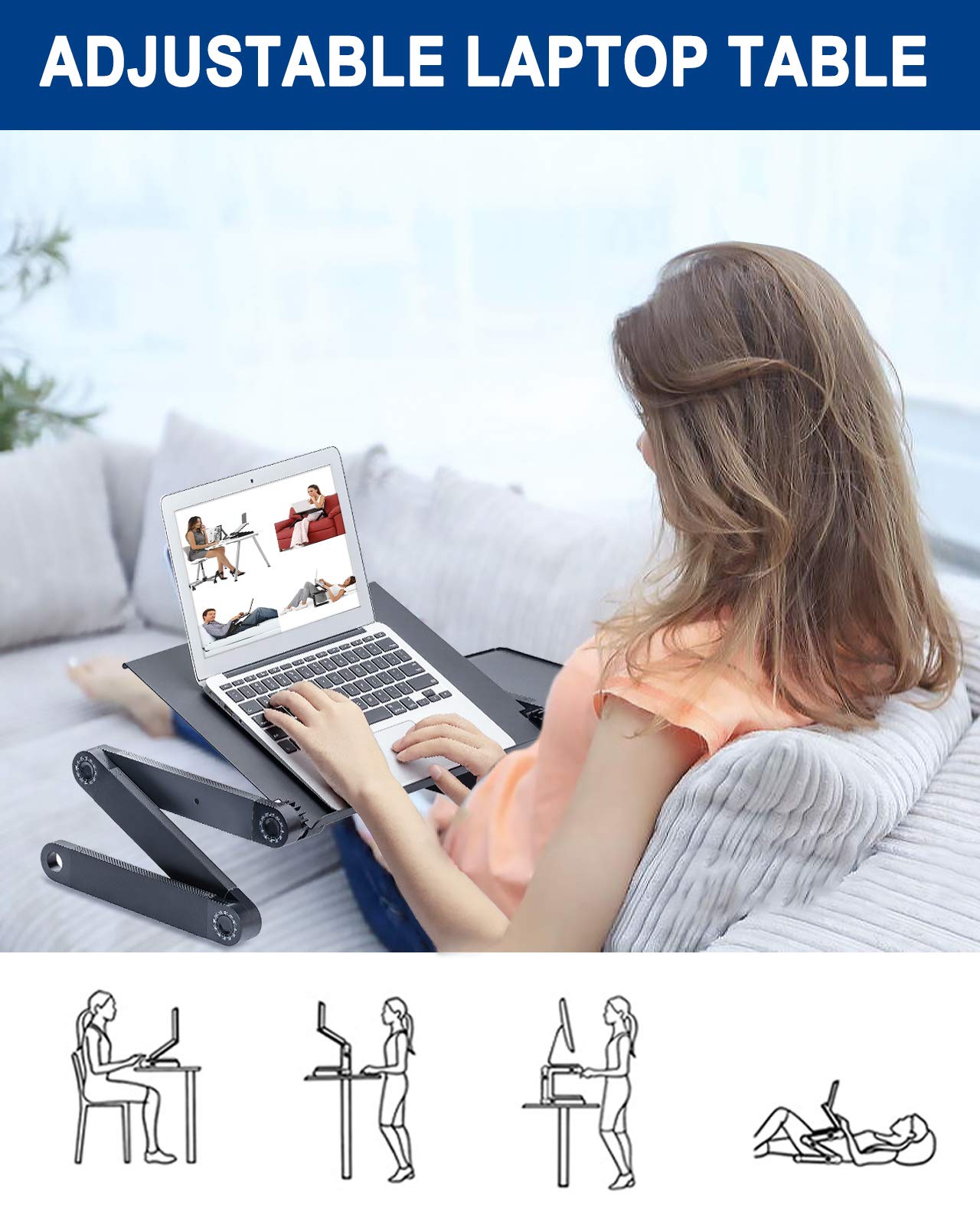 RAINBEAN Adjustable Laptop Desk, Laptop Stand for Bed Portable Lap Desk Foldable Table Workstation Notebook Riser with Mouse Pad, Ergonomic Computer Tray Reading Holder Bed Tray Standing Desk