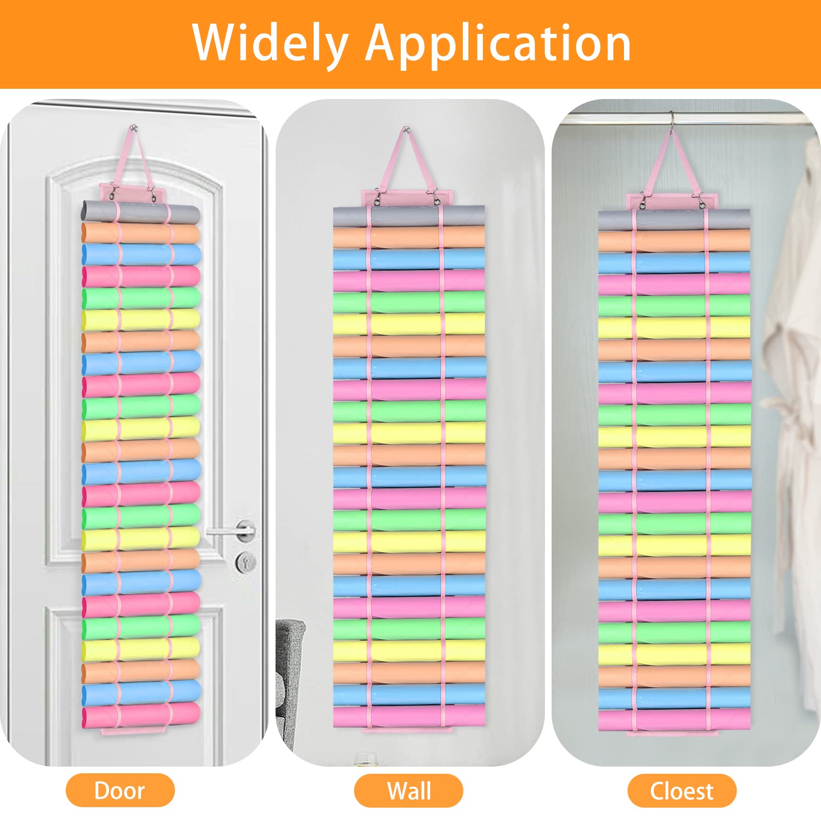 Mightree Vinyl Roll Holder, Wall Mount Vinyl Roll Organizer, Foldable Vinyl Holder Bag for Craft Collecting Vinyl Paper, Wrapping Paper, Hanging Door Vinyl Bag with 24 Compartments, Pink