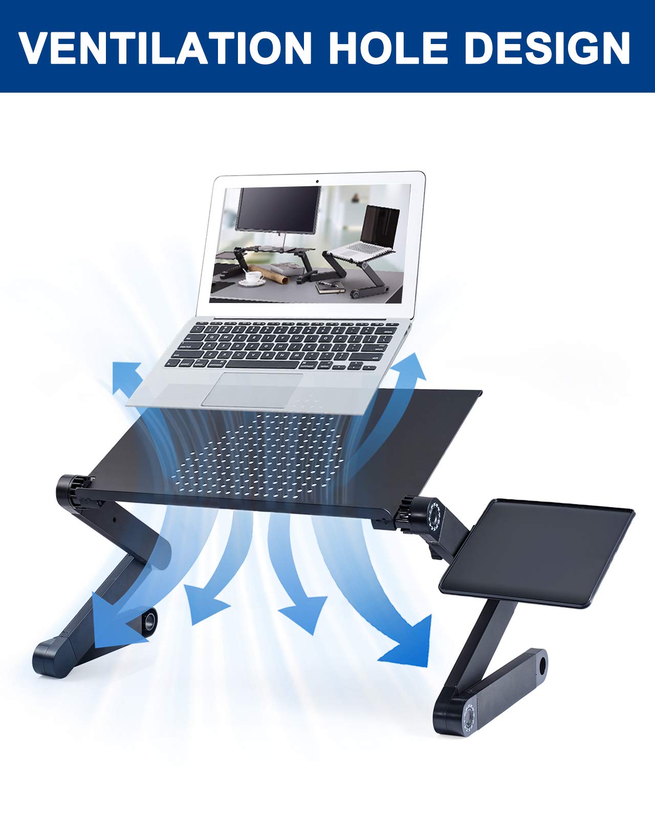 RAINBEAN Adjustable Laptop Desk, Laptop Stand for Bed Portable Lap Desk Foldable Table Workstation Notebook Riser with Mouse Pad, Ergonomic Computer Tray Reading Holder Bed Tray Standing Desk