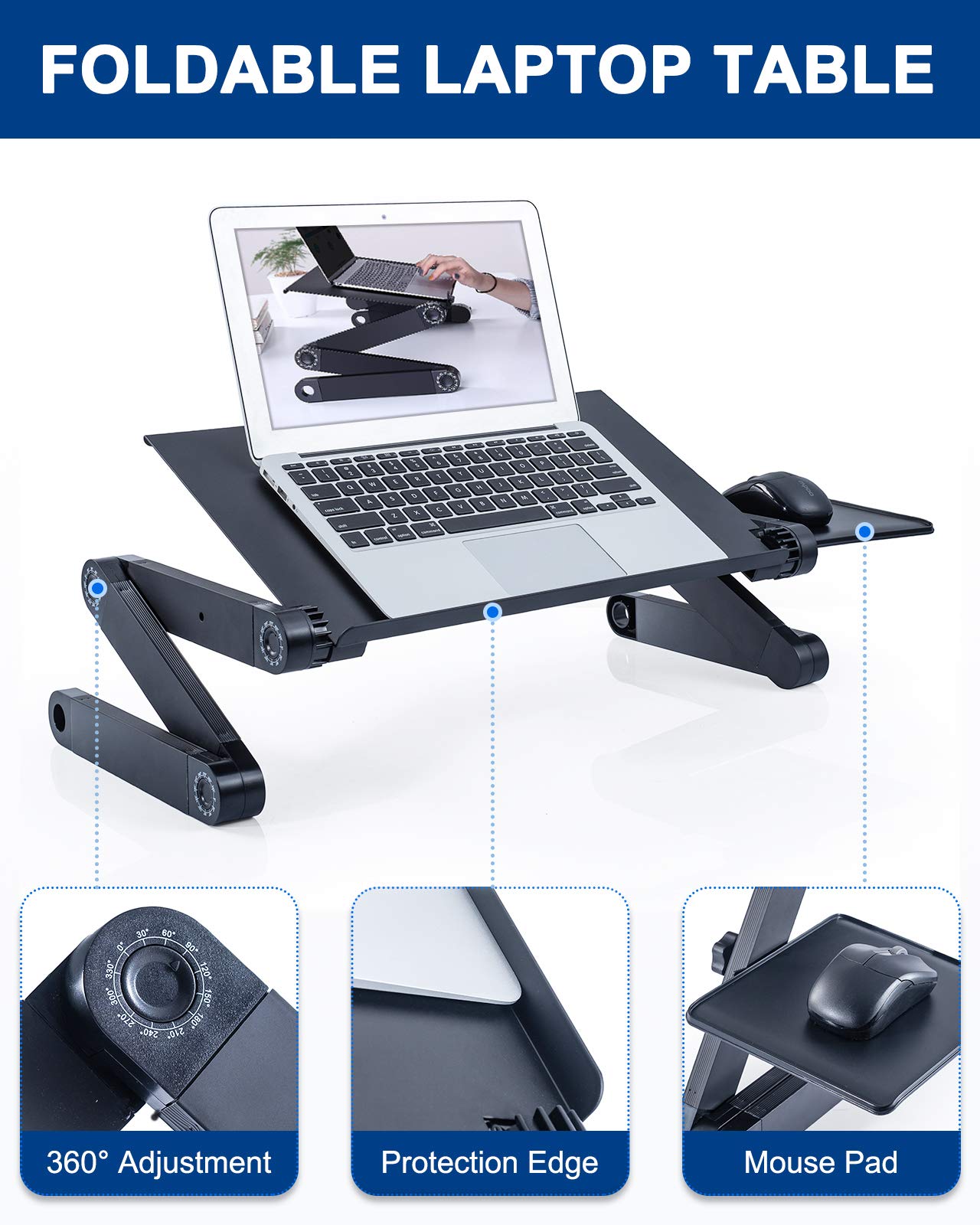 RAINBEAN Adjustable Laptop Desk, Laptop Stand for Bed Portable Lap Desk Foldable Table Workstation Notebook Riser with Mouse Pad, Ergonomic Computer Tray Reading Holder Bed Tray Standing Desk