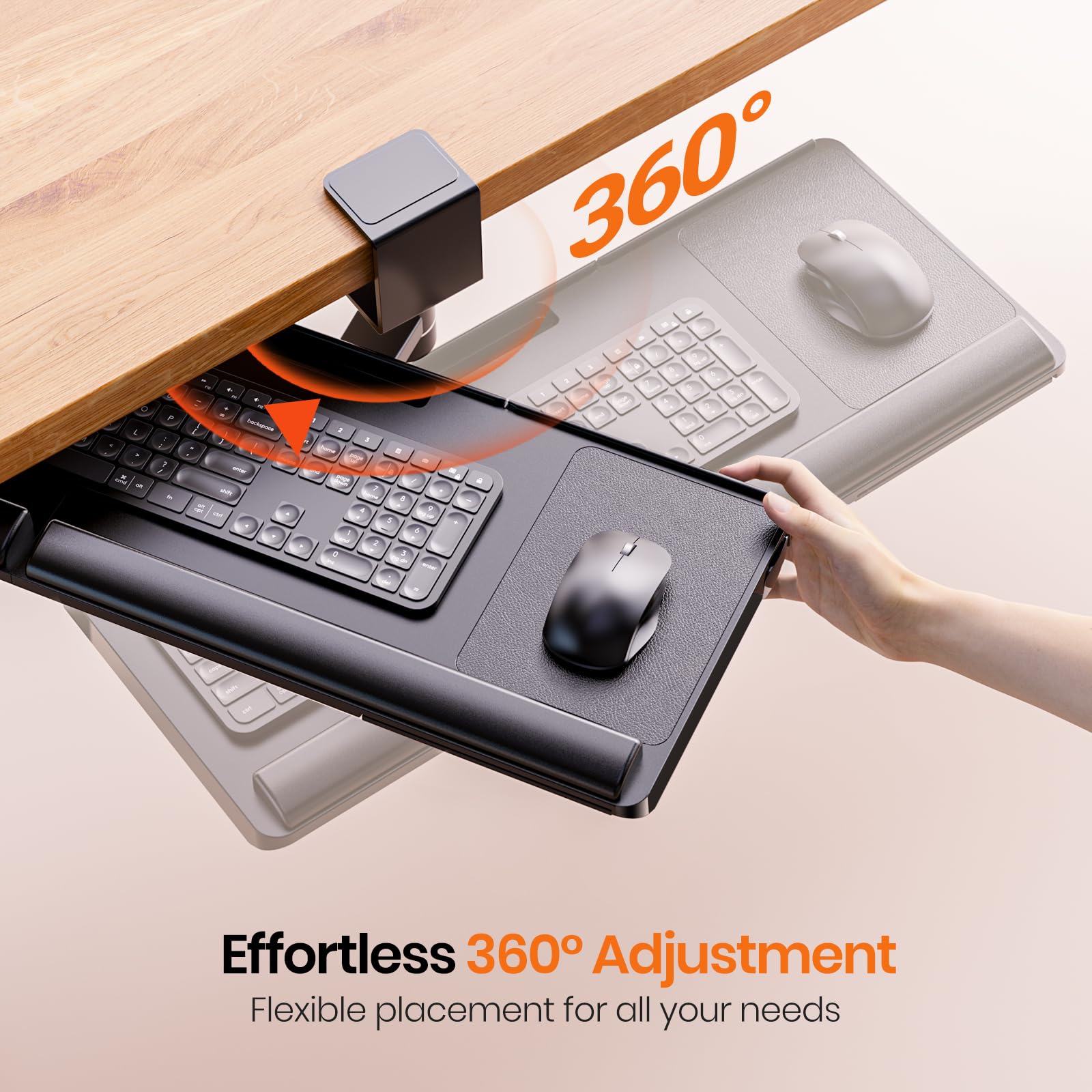 Rotating Keyboard Tray Under Desk - Klearlook PU Leather Keyboard Drawer Adjustable C Clamp,Ergonomic Mouse Keyboard Platform Extender,No Drilling,Easy Install Keyboard Stand,23.62"x 9.84"Inch-Black