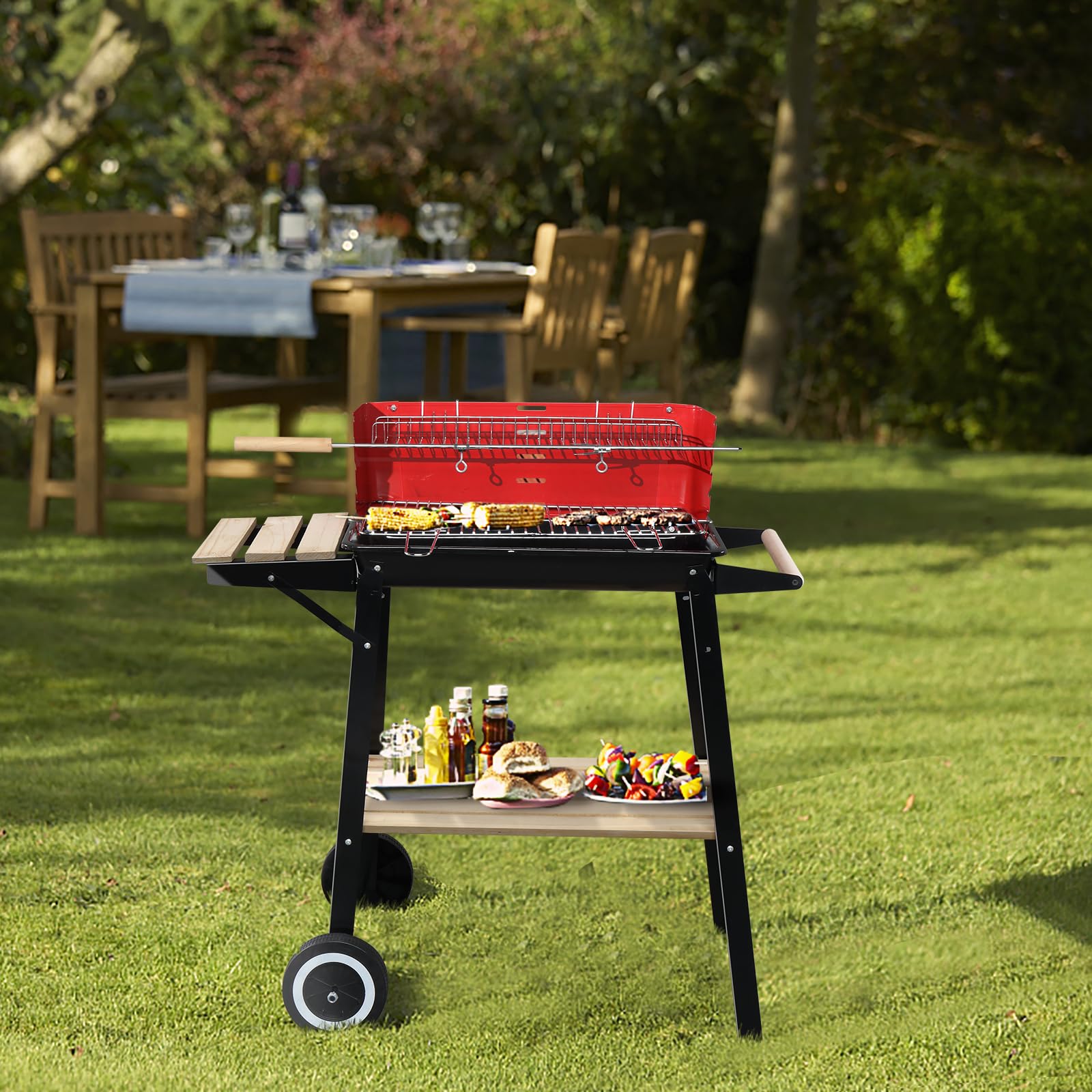 Charcoal Grill Outdoor With Side Tables, Barbecue Grill Backyard Griller Party Bbq Picnic Patio Cooking Charcoal Bbq for Wedding Gift 33.46"L x 16.54"W x33.86"H