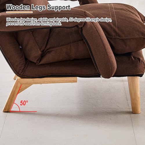 CLIPOP Modern Living Room Accent Chair with Ottoman, Comfy Linen Armchair with Adjustable Backrest(5 Angles), Solid Wood Legs, Leisure Upholstered Single Sofa Chair with Footrest, Brown