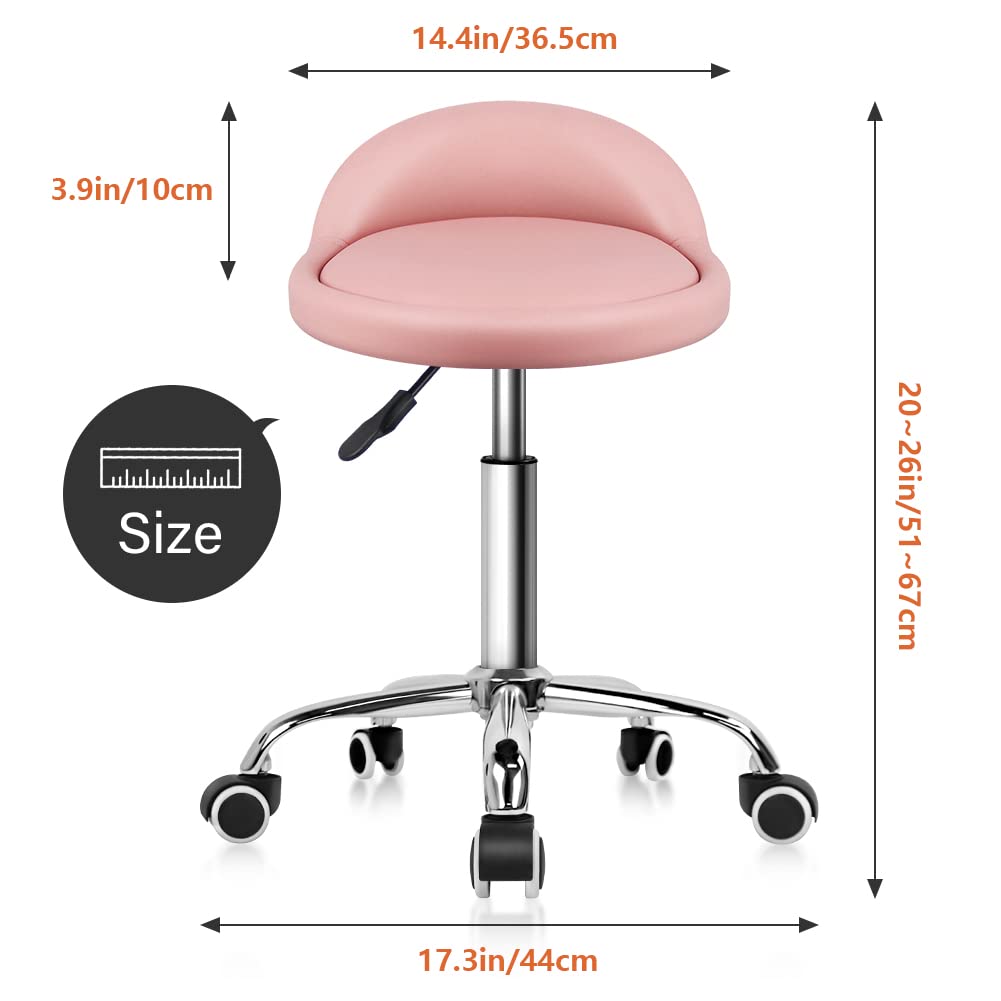 KKTONER PU Leather Round Rolling Stool with Back Rest Height Adjustable Swivel Drafting Work SPA Task Chair with Wheels Pink