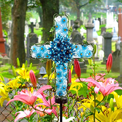 COOZZYHOUR Solar Cross Garden Lights Outdoor Decorative - Solar Metal&Glass Cross Blue Hydrangea Flower Stake Lights- Waterproof 20 Warm White LED for Remembrance Gifts