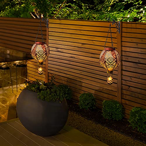 Hot Air Balloon Solar Lantern - Solar Pathway Lights Outdoor Waterproof Shepherd Hook with Hanging Decorative Metal LED Lantern Solar Lights for Garden Patio Pathway Yard Porch Decor