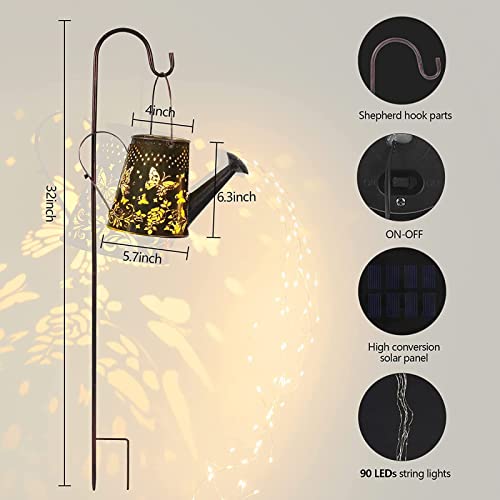 Solar Watering Can with Fairy Lights Garden Decor Watering Can Lights for Patio Path Tree Lawn Patio Path, Solar Fairy Garden LED, Outdoor String Lights, Star Shower Garden Lights (with Shepherd Hook)