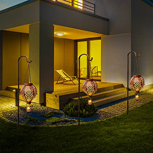 Hot Air Balloon Solar Lantern - Solar Pathway Lights Outdoor Waterproof Shepherd Hook with Hanging Decorative Metal LED Lantern Solar Lights for Garden Patio Pathway Yard Porch Decor