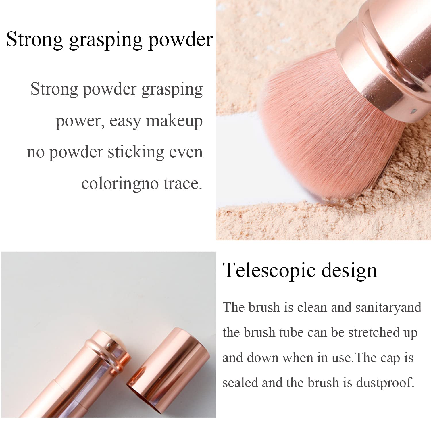 QiBusLeen Retractable Kabuki Foundation Makeup Brush Travel Blush Brush Flat Top Kabuki Face Blush Liquid Powder Foundation Brush for Blush, Buffing, Highlight, Contour, Flawless Powder Cosmetics (Gold)