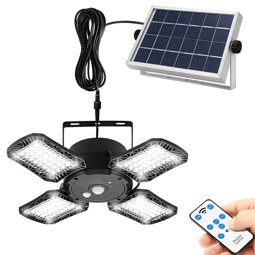Solar Pendant Light Outdoor/Indoor, 128 LED 1000LM Solar Shed Light 4-Leaf 120° Adjustable Motion Sensor Solar Light with Remote, IP65 Waterproof Solar Security Light for Garage Garden Gazebo Porch