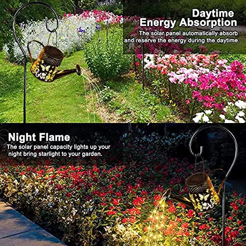 Solar Watering Can with Fairy Lights Garden Decor Watering Can Lights for Patio Path Tree Lawn Patio Path, Solar Fairy Garden LED, Outdoor String Lights, Star Shower Garden Lights (with Shepherd Hook)