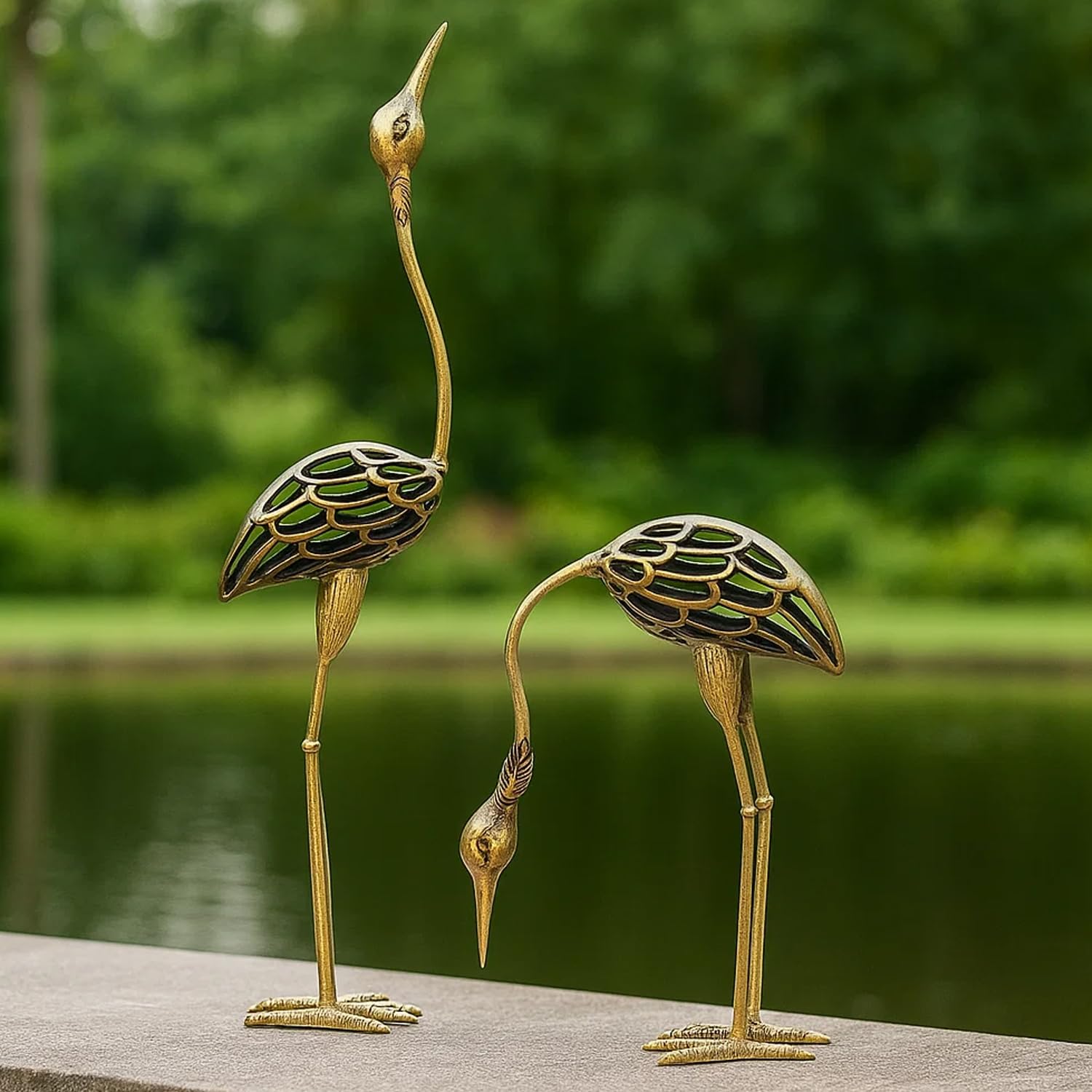 Seraphic Cast Iron Garden Decor Crane Bird Statues, Rustic Bronze, Set of 2
