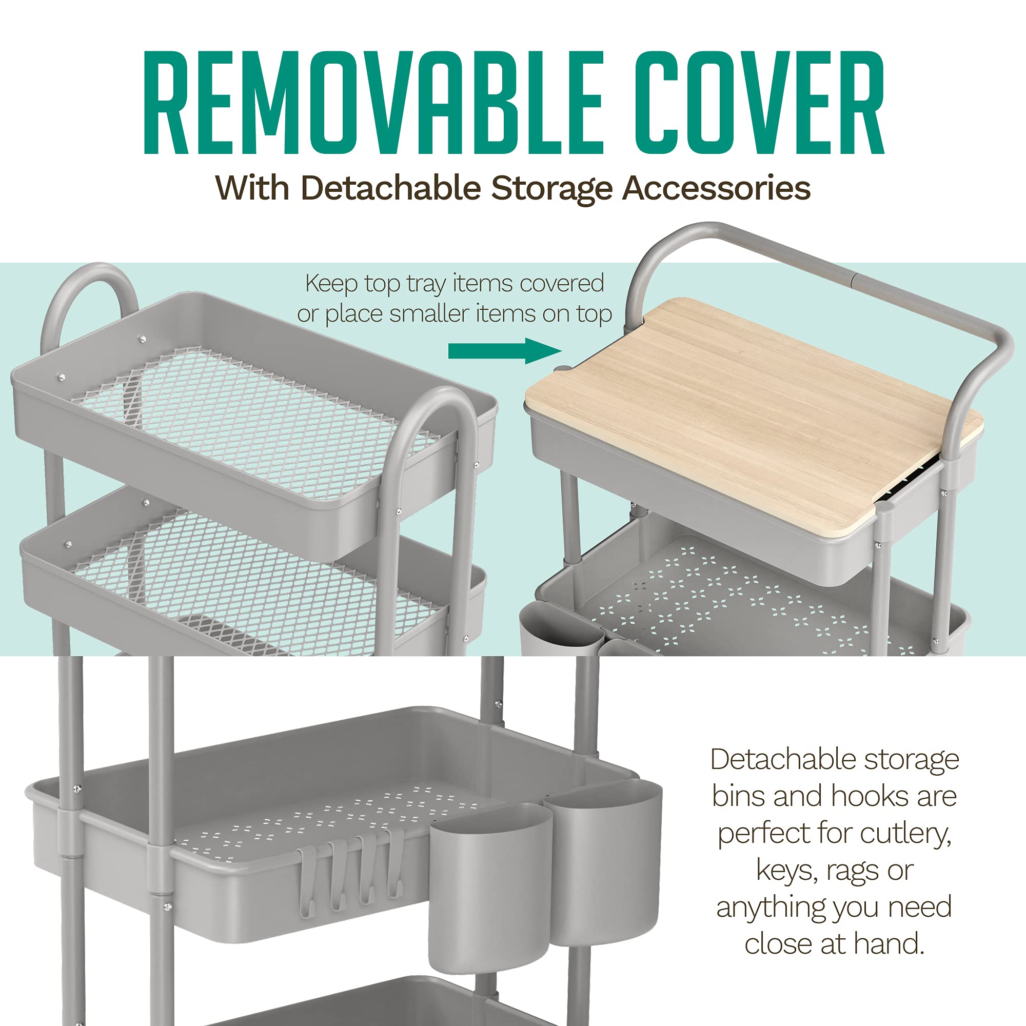 3 Tier Rolling Cart, with Table Top, Rolling Storage Cart with Handles and Locking Wheels, Utility Cart with 2 Small Baskets and 4 Hooks for Bathroom. Office, Balcony, Living Room (Grey)
