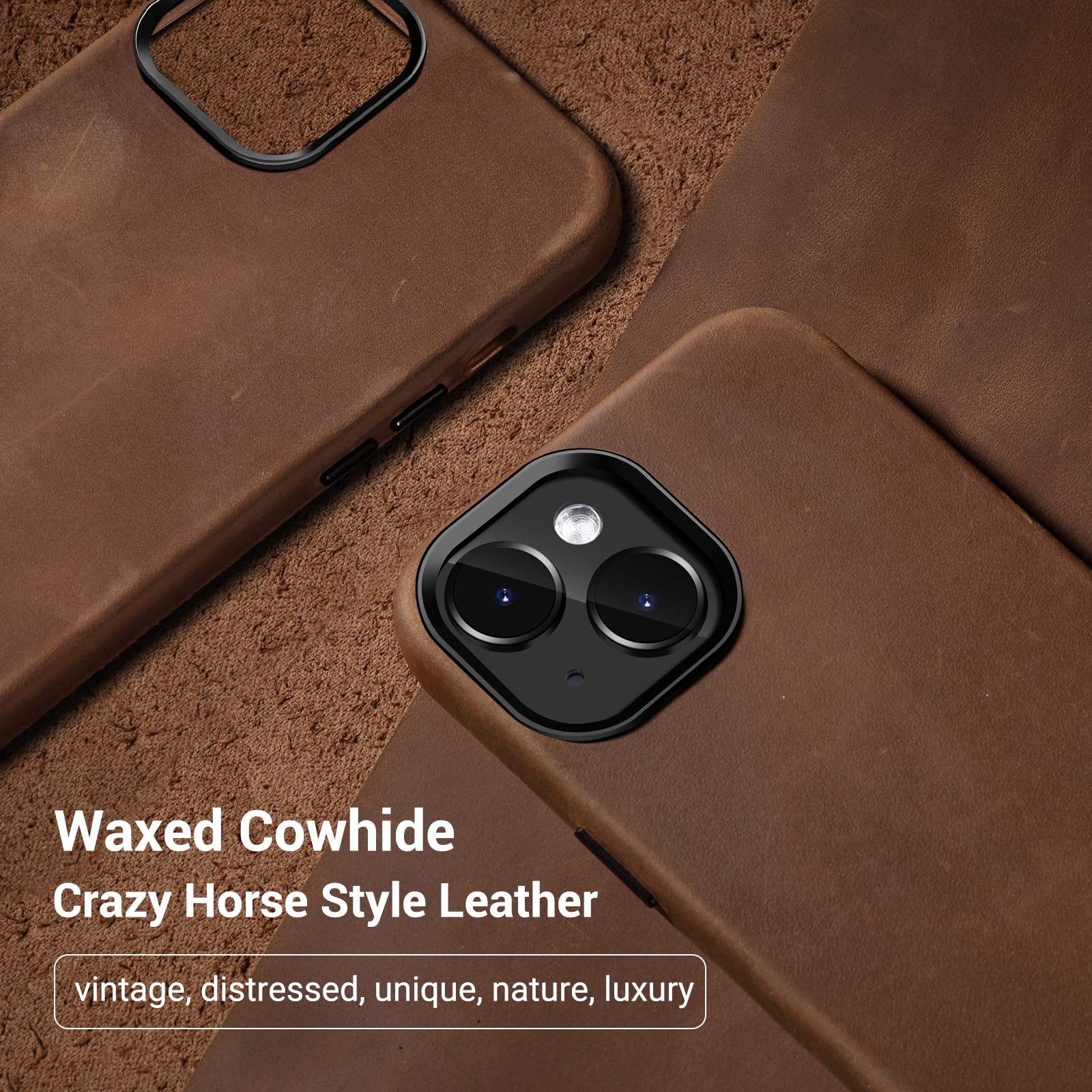 Belemay Compatible with iPhone 15 Leather Case Magsafe - Top Grain Vintage Crazy Horse Leather - Metal Buttons & Camera Bezel Bump - Slim Fit & Soft Feel - Premium Phone Cover (6.1-inch) Retro Brown