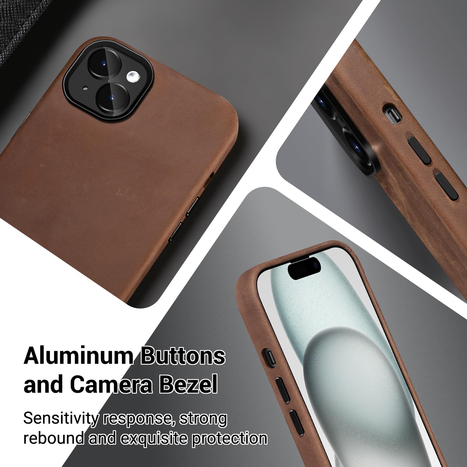 Belemay Compatible with iPhone 15 Leather Case Magsafe - Top Grain Vintage Crazy Horse Leather - Metal Buttons & Camera Bezel Bump - Slim Fit & Soft Feel - Premium Phone Cover (6.1-inch) Retro Brown