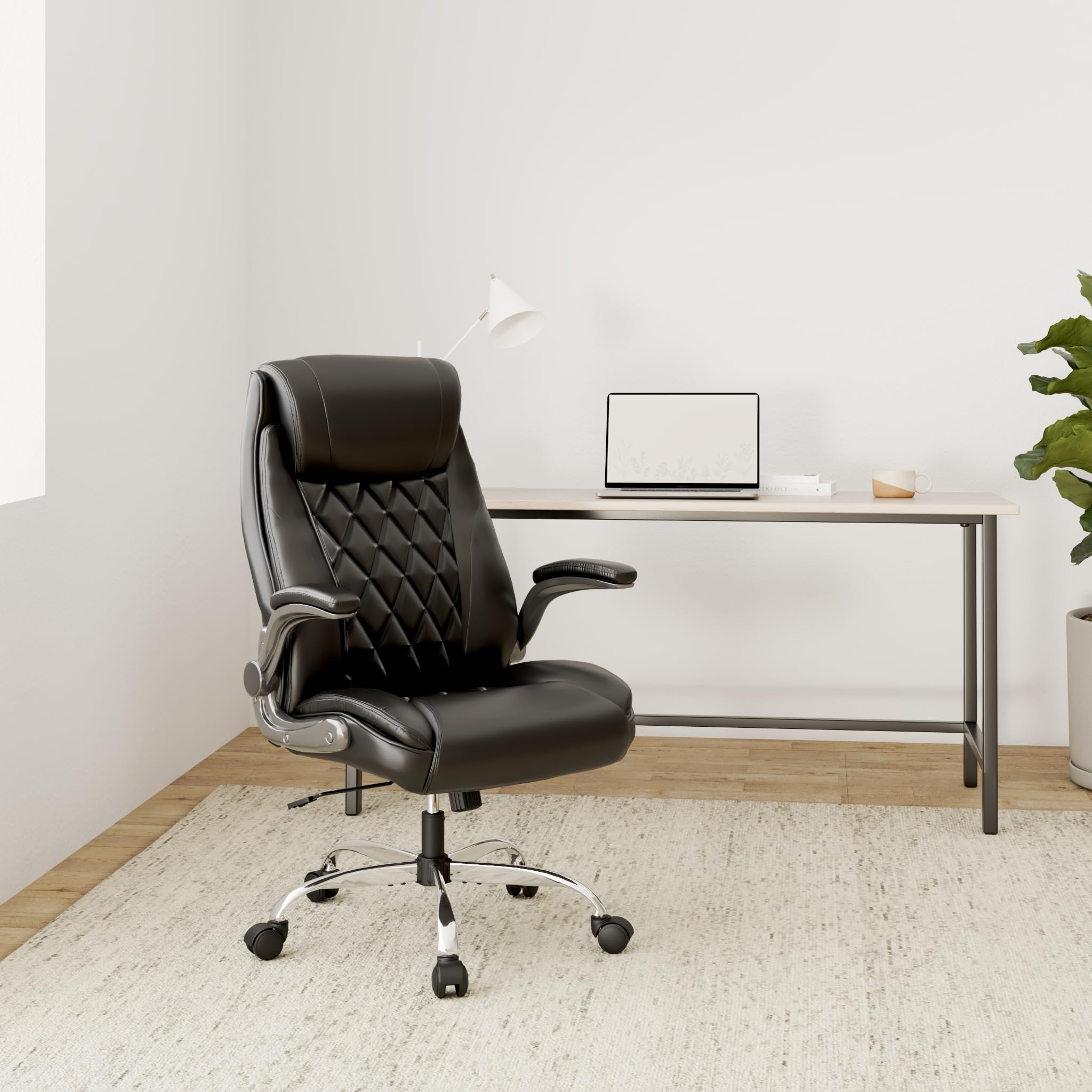 neo chair Office Chair Computer High Back Adjustable Flip-up Armrests Ergonomic Desk Chair Executive Diamond-Stitched PU Leather Swivel Task Chair with Armrests Lumbar Support (Black)