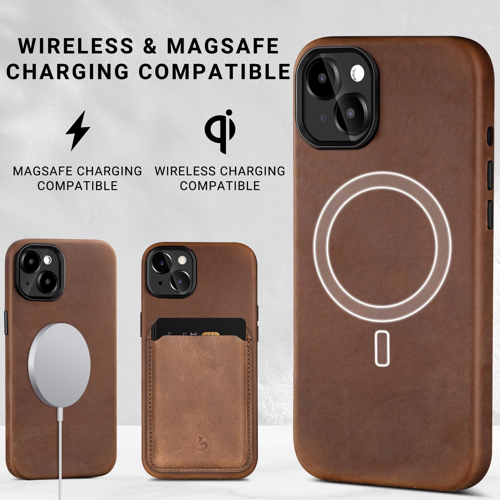 Belemay Compatible with iPhone 15 Leather Case Magsafe - Top Grain Vintage Crazy Horse Leather - Metal Buttons & Camera Bezel Bump - Slim Fit & Soft Feel - Premium Phone Cover (6.1-inch) Retro Brown