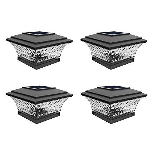 HUYIENO Solar Post Cap Lights Outdoor LED Lighting Deck Fence Cap Light Two Light Modes Warm White/Bright White Suitable for 4x4 Wooden Posts Black 4PK