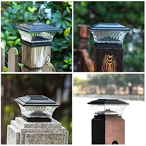HUYIENO Solar Post Cap Lights Outdoor LED Lighting Deck Fence Cap Light Two Light Modes Warm White/Bright White Suitable for 4x4 Wooden Posts Black 4PK